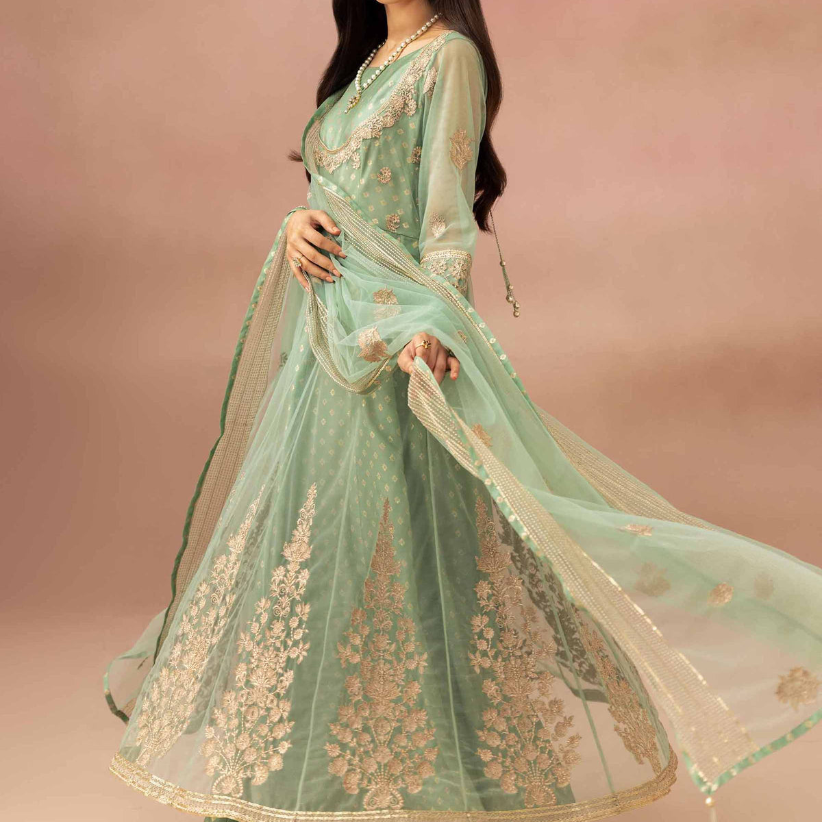 2 Piece Embroidered Green Jamawar Dress With Green Net Duppata – Nishat ...